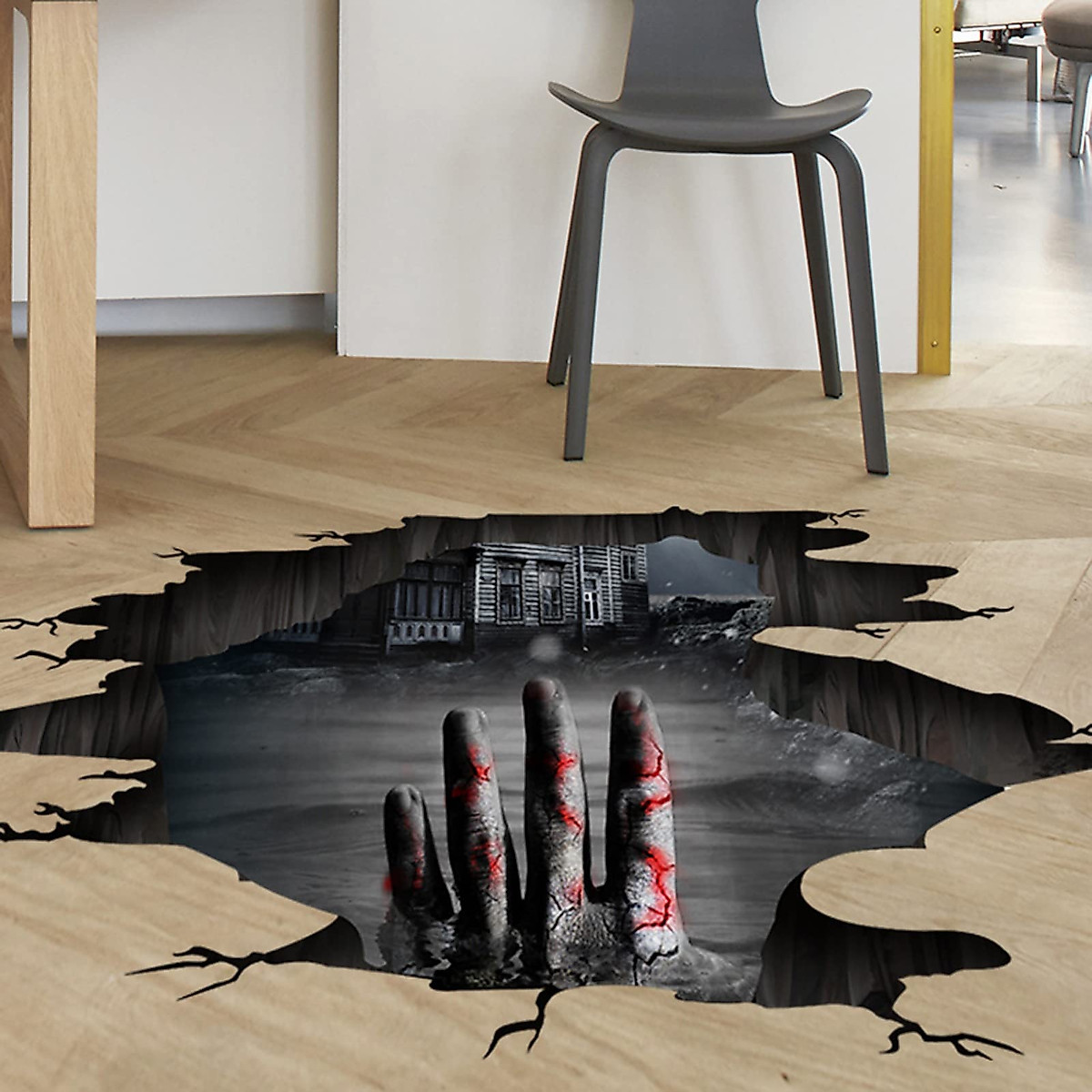 Halloween Floor Decals 3D Scary Blood Hand Scratching Floor Wall Stickers for Living Room, Removable Halloween Decor Murals for Bar Pub Bedroom Party Supplies