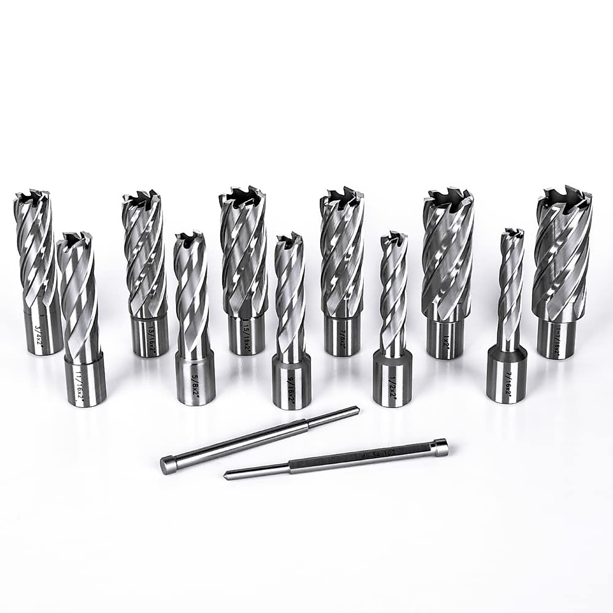 OSCARBIDE Annular Cutter Set 13pieces,2"Cutting Depth,3/4"Weldon Shank and 7/16 to 1-1/16 inch Cutting Diameter Mag Drill Bits for Magnetic Drill Press with 2pcs Pilot Pins