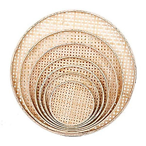 100% Handwoven Flat Wicker Round Fruit Basket Woven Food Storage Weaved Shallow Tray Organizer Holder Bowl Decorative Rack Display Kids DIY Drawing Board (Sqaure Hollow-Bamboo White, 26cm/10.2")