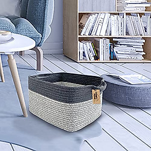 COMFY-HOMI 13.5"x11"x 9.5" Square Cotton Rope Woven Basket with Handle Laundry Storage Bin (Set of 2) Brown and Light Grey