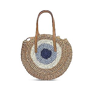 Straw Bag Round Woven Zippered Shoulder Bag Crossbody Bags Handwoven Handbags Evil Eye-khaki