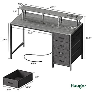 Huuger 47 Inch Computer Desk with Power Outlets and LED Lights, Gaming Desk with 4 Drawers, Office Desk with Monitor Stand, Study Desk Work Desk for Home Office, Small Spaces, Gray