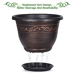 Plastic-Plant-Flower-Planters-10 Inch With Drainage Hole & Saucer, 3 Packs Lightweight Small Resin Flower Pot Indoor Outdoor, Retro Antique Imitation Decorative Garden Containers Sets For Houseplants