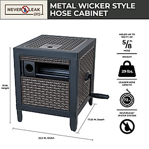 AMES NeverLeak Hose Reel Cabinet Box, 100 Ft. Capacity, Decorative with Wicker Look, Auto Track Rewinding, Black Metal
