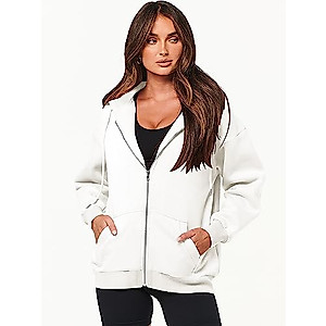 Prinbara Hoodies Jacket Coat for Women Long Sleeve Oversized Zip Up Fleece Sweatshirt Comfy Fall Clothes Y2K Trendy Top 9PA89-baise-L White