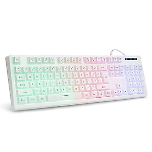 HUO JI White Gaming Keyboard USB Wired with Rainbow LED Backlit, Floating Keys, Mechanical Feeling, Spill resistant, Ergonomic for Xbox, PS Series, Desktop, Computer, PC
