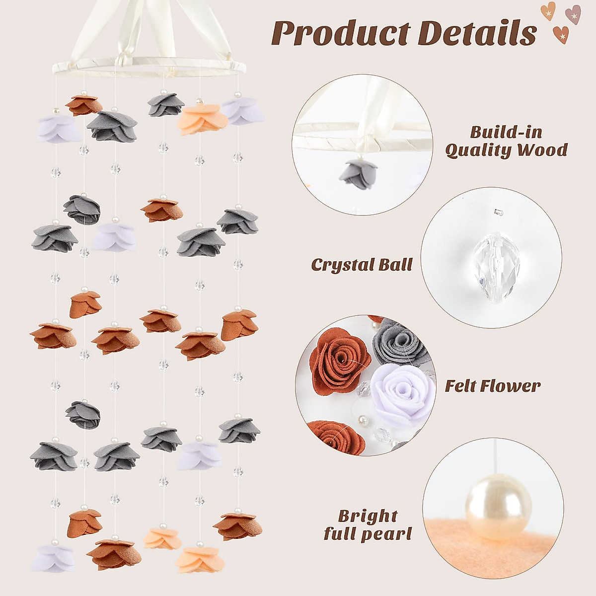 Baby Mobile for Crib, Felt Rose Flower Crystals Pearls Mobile Nursery Mobile for Boys Girls Boho Nursery Decor Soothe Toy Baby Shower Set for Infant Bedroom Hanging Decoration Toy