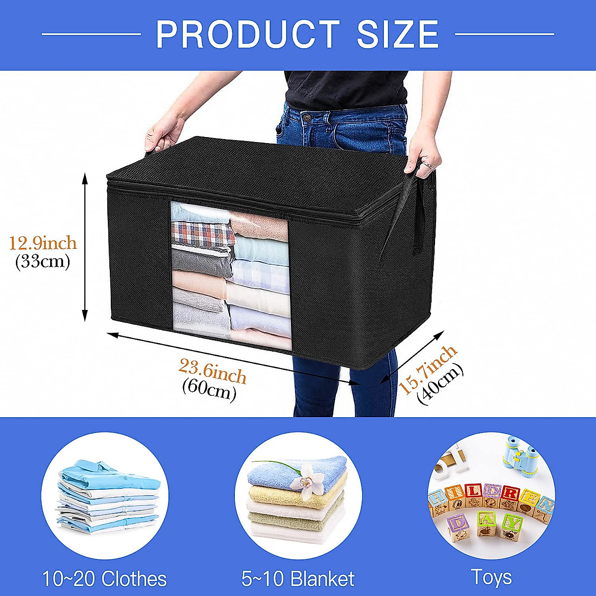 Txtsegose 3 Pack Clothes Storage Bag,Large Capacity Organizer with Reinforced Handle Thick Fabric for Comforters, Blankets, Bedding, Foldable with Sturdy Zipper, Clear Window, Black