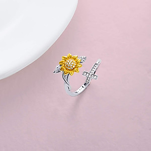 LONAGO Sunflower Cross Ring 925 Sterling Silver You Are My Sunshine Adjustable Size Ring Religious Crucifix Jewelry Gift for Women (8)