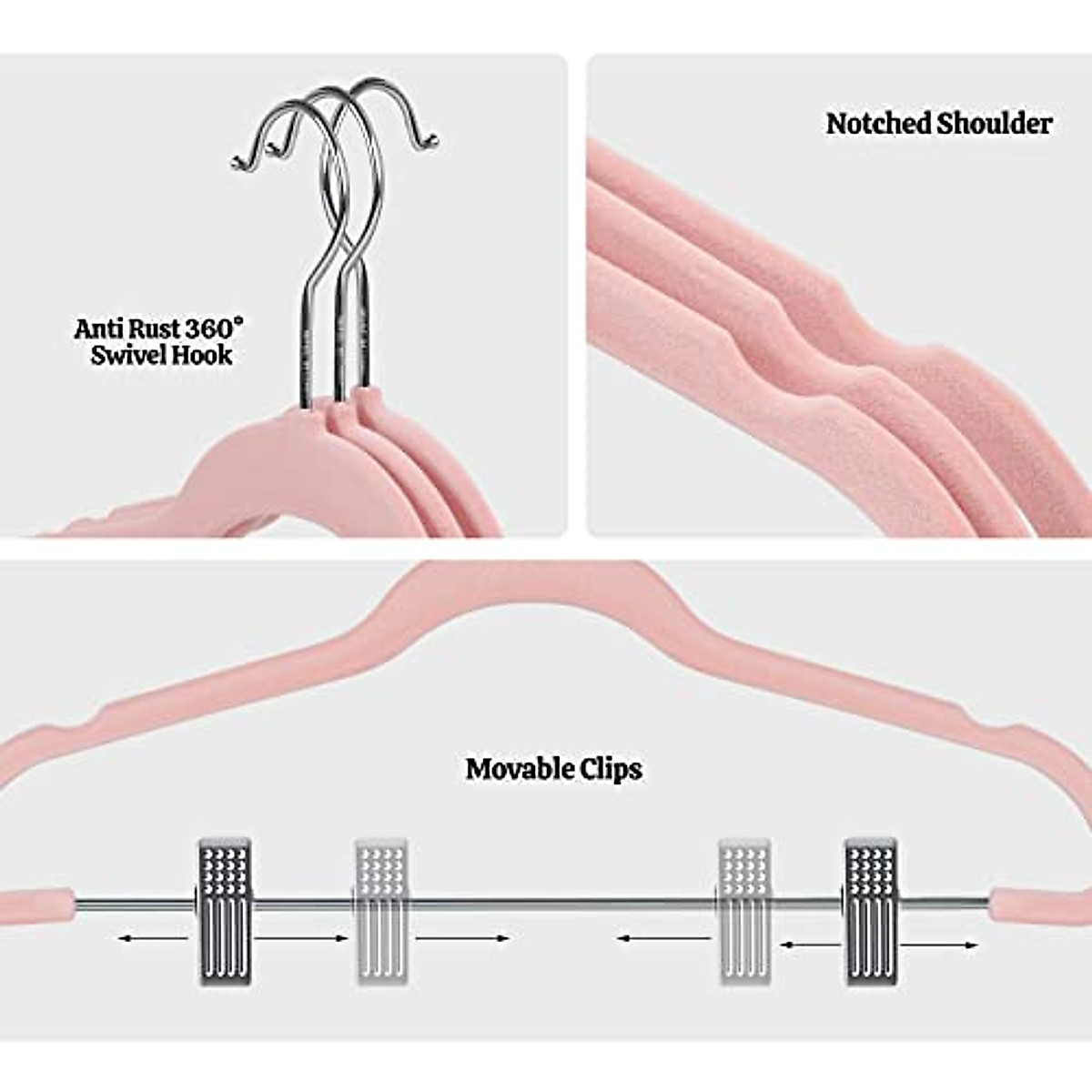 HOUÍSM Premium Velvet Pants Hangers, 16.7inch Slim Skirt Hangers with Adjustable Clips - Heavy-Duty, Non-Slip, Ultra Thin, Space Saving Flocked Hangers for Coat, Suits, Dress & Shirt (Cloud Pink)