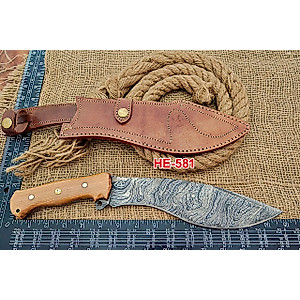 HUNTEX Handmade Hand-Forged Twist Pattern Damascus Steel 15 Inch Long Full Tang Natural Oak Wood Handle Razor Sharp Hunting Camping Kukri Knife w/Genuine Leather Sheath