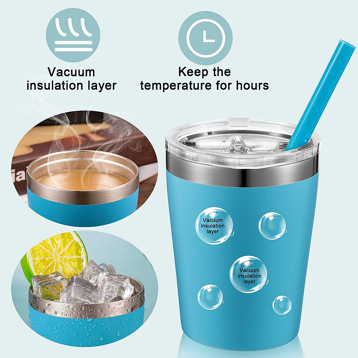 4 Set Toddler Cups with Straws and Lids Stainless Steel Kids Cups Insulated Kids Cups Spill Proof Double Wall Vacuum Kid Tumbler Cups for Boys Girls Sippy Drinking 8 oz (Blue, Gray, Sky Blue, Green)