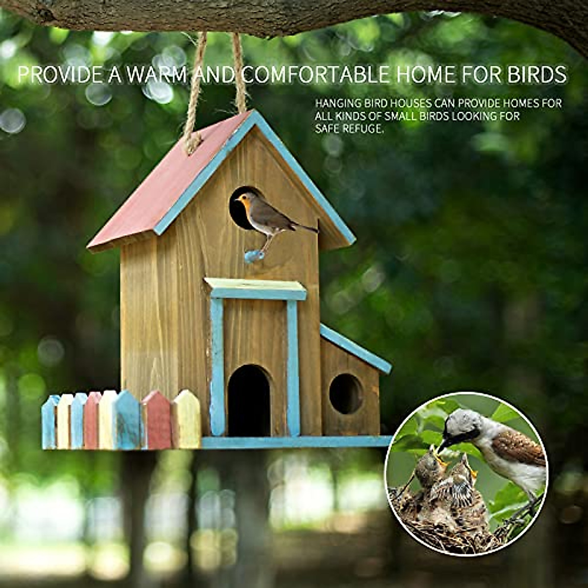 2in1Bird House&Bird Feeder,Bird Houses for Outside,3 Hole Bird House for Outside/Indoors/Hanging,Wooden Birdhouses,Handmade Natural Bird House for Garden/Courtyard/Backyard Decor,Large Bird Houses.