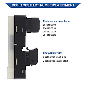 Obaee Master Power Window Switch Compatible with 2005 2006 2007 Infiniti G35, 2003 2004 2005 2006 2007 2008 Nissan 350Z (2 door), Replaces 25401CD02A 25401CD02D 2 AUTO