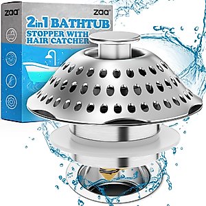 zaa Bathtub Drain Stopper, 2in1 Tub Stopper Bathtub Drain Cover and Hair Catcher, Pop Up Bathtub Drain Plug, Replaces Bath Tub Lift & Turn, Tip-Toe or Trip Lever, for 1.46-2" W Drain Hole, Silver