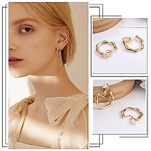 FIBO STEEL Gold Clip On Earrings for Women 18K Gold Plated Clip on Hoop Earrings Twist Chunky Hoop Earrings Non-Pierced Fake Earrings Set 8 Pairs Gold Tone
