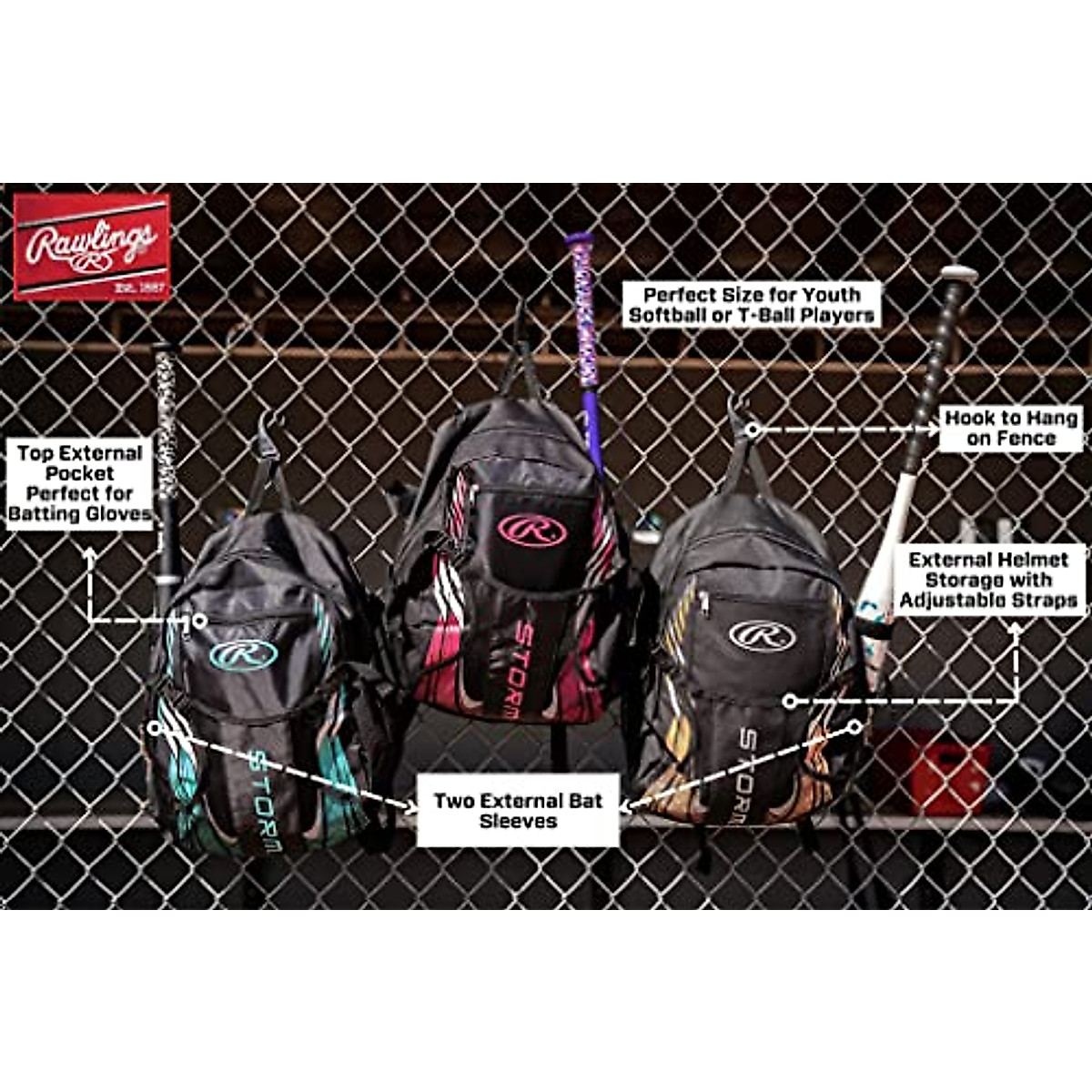 Rawlings Storm Girls Softball Bag - Sized for Youth Softball Backpack for Girls or TBall Bag – Holds Two Bats – Includes Hook to Hang on Fence - Black and Pink