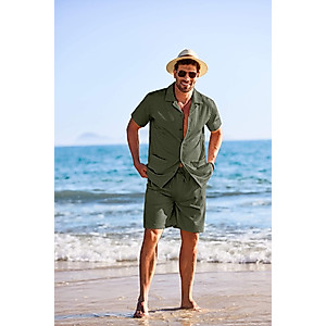 COOFANDY Men's Linen Beach Shirts Casual Hippie Holiday T-Shirts Shorts Outfits Button Down Hawaiian Outfits 2 Piece