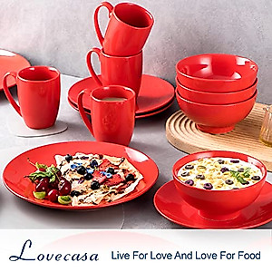 LOVECASA Red Dinnerware Sets for 4, 16 PCS Porcelain Dishes Set, Round Plates and Bowls Sets Including Dinner Plates, Dessert Plates, Bowls and Mugs, Microwave&Dishwasher Safe, Orangered