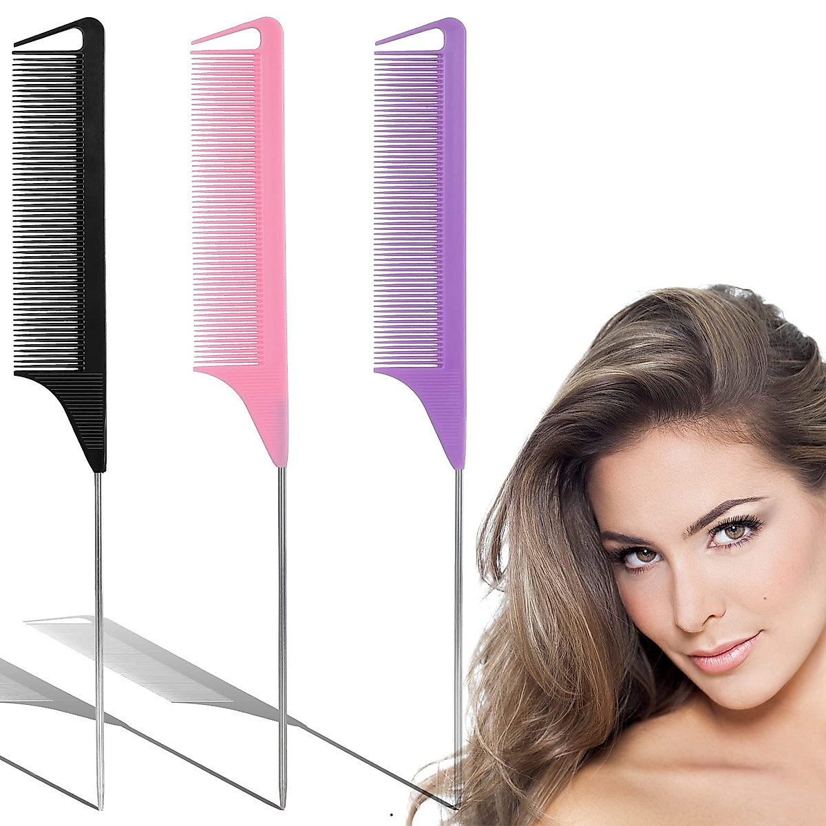 Rat Tail Combs Hair Combs :3Pack Parting Comb,Fine Tooth Comb,Tail Comb,Metal Long Steel Pin Rat Tail Comb,Combs for Women，Professional Hair Salon Quality Styling Combs(Black|Purple|Pink）