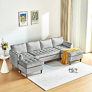 wirrytor Modular Sectional Sofa, Velvet U Shaped Couch, Modular Sectional with Reversible Ottomans for Living Room, Grey