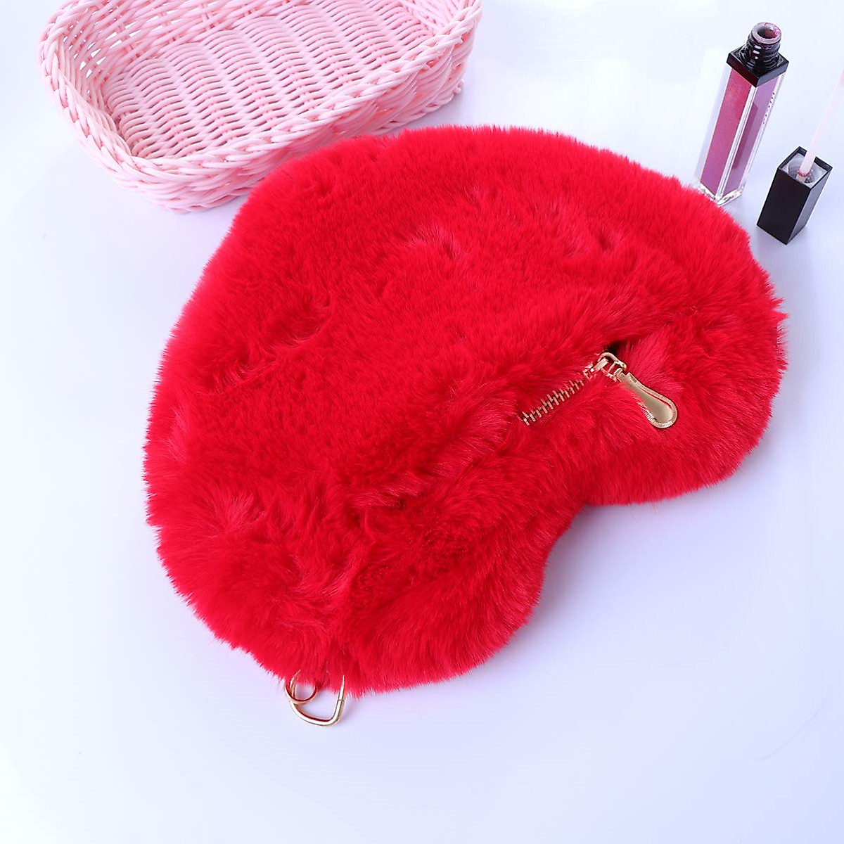 Heart Bag Cellphone Purse Plush Heart Shaped Crossbody Bag with Chain Cute Fluffy Shoulder Bag for Women Ladies- Red Heart Purse