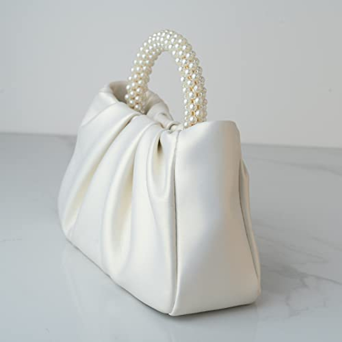 HEYCUE Women's Elegant Pearl Handbag Pleated Design Crossbody Purse Wedding Prom Bride Clutch Purse With Pearl Chain