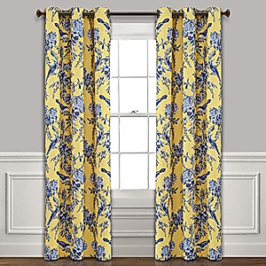 Lush Decor, Yellow and Blue Farmhouse Bird and Flower Insulated Grommet Blackout Window Curtain Panel Pair, 95'' x 38', 95 in x 38