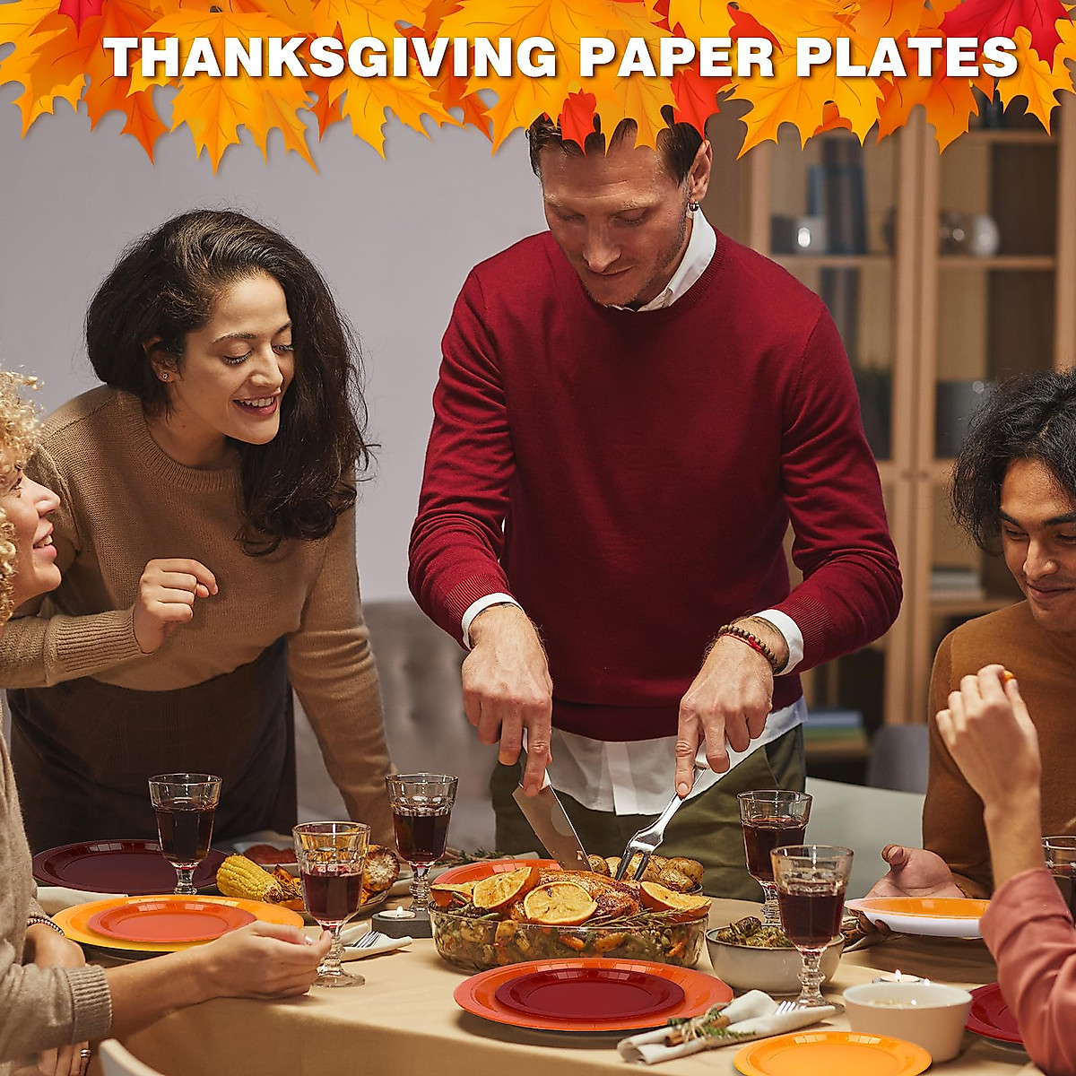 48PCS Thanksgiving Paper Plates Fall Disposable Dinner Plates Heavy Duty Kids Dinnerware Sturdy Appetizer Dessert Plates Give Thanks Autumn Harvest Party Supplies Round Multi-color Plates 10in&7in