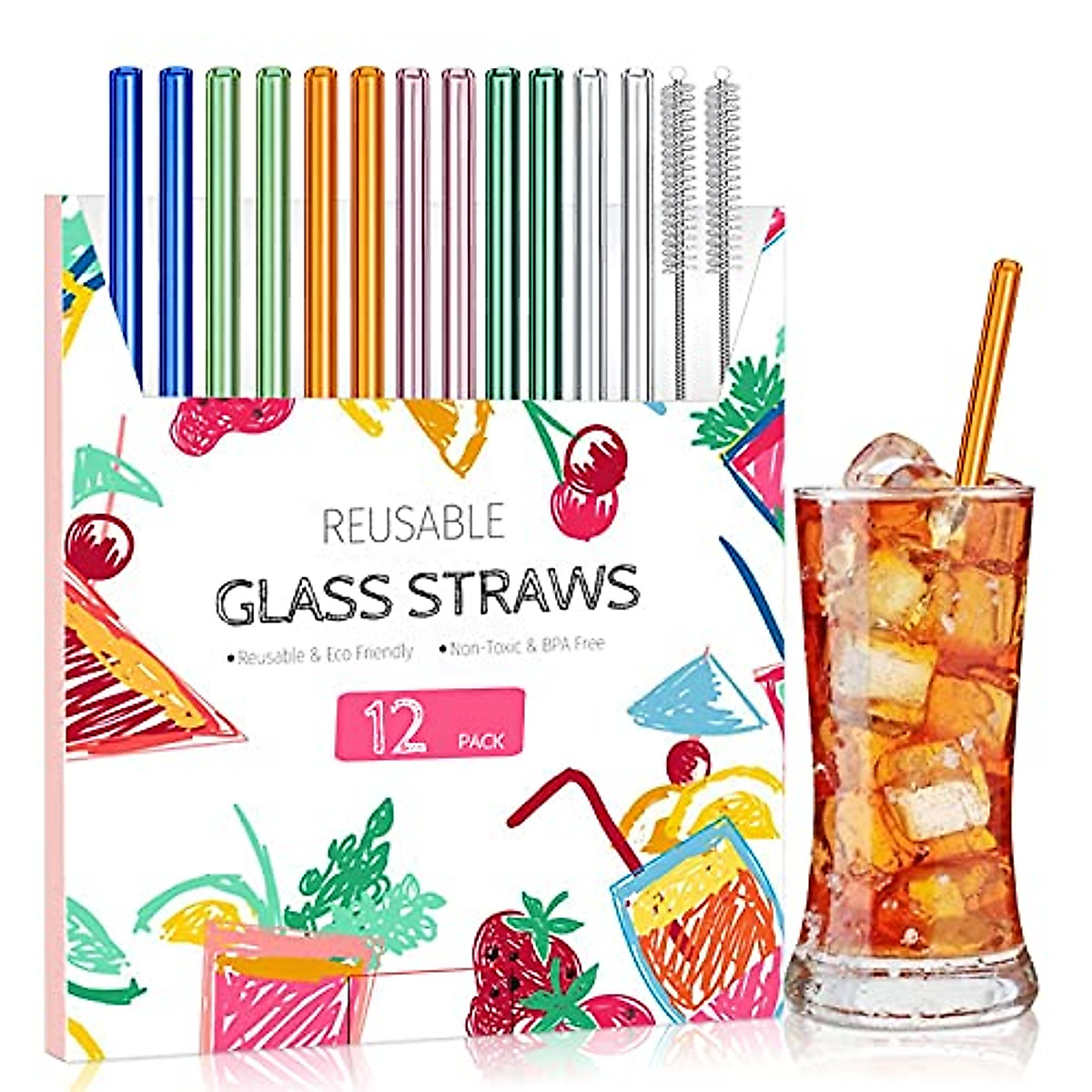 Reusable Glass Straws, 12-Pieces Drinking Straws with 2 Cleaning Brushes, Dishwasher Safe for Shatter Resistant, Eco Friendly Reusable Straws - Multicolor