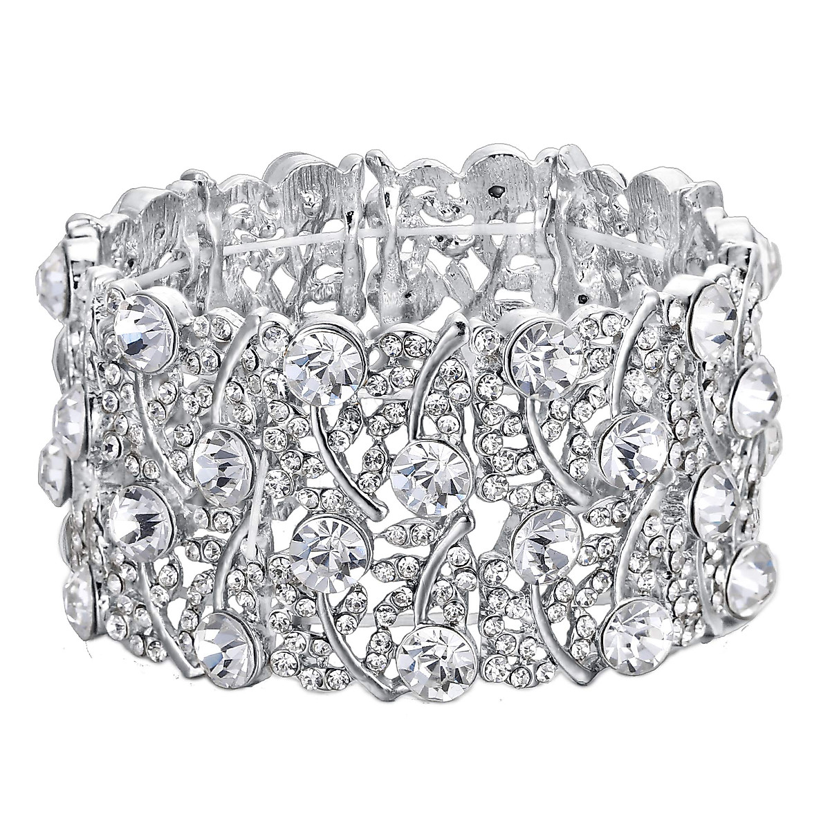 BriLove Women's Wedding Bridal Crystal Cluster Tennis Stretch Bracelet Clear Silver-Tone