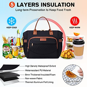 Fresh-flash Lunch Bag for Women, Large Insulated Lunch Box for Work Adults, Wide-Open Lunch Tote, Leakproof Lunch Cooler Bag with Removable Shoulder Strap & Side Pockets for Picnic, Camping-Black