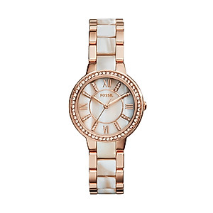 Fossil Women's Virginia Quartz Stainless Steel Dress Quartz Watch and Womens Engravable Heart Necklace