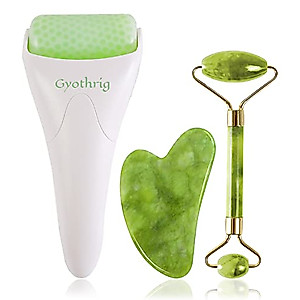 Face Ice Roller Jade & Gua Sha Set Gifts for Women Mom Mothers Day Facial Puffy Eyes Massage Natural Cooling Anti Wrinkle Skin Care Travel Tools Treatment for Puffiness Migraine Pain Relief Relaxing