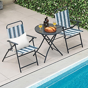 Tangkula 3 Piece Outdoor Folding Chair Set, 2 Folding Chairs with Folding Table, Heavy-Duty Metal Frame, Outdoor Dining Chair Set, Portable Patio Bistro Set for Backyard, Poolside, Balcony