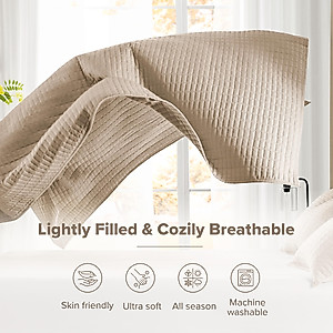 Comfort Spaces Kienna Quilt Set-Luxury Double Sided Stitching Design Summer Blanket, Lightweight, Soft, All Season Bedding Layer, Matching Sham, Taupe, Coverlet Full/Queen(90"x90") 3 Piece