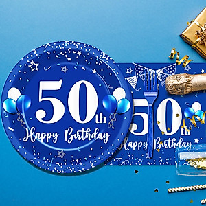 100 Pieces 50th Birthday Party Plates Napkins Blue and Silver Birthday Tableware Blue and Silver 50th Happy Birthday Dinnerware Dinner Dessert Plates Napkins for Blue Birthday Party Supplies Serve 25
