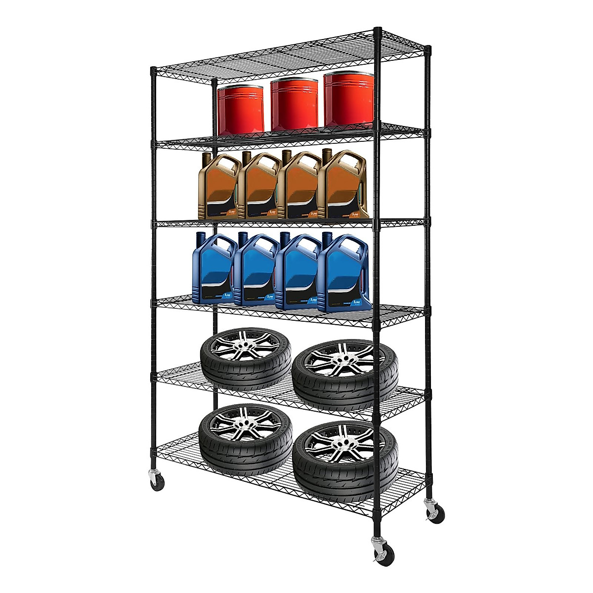 ZeStarDair Metal Shelve, Wire Shelving with Wheels 6-Tier Heavy Duty Storage Rack Utility Wire Rack 47 * 17 * 80 in Storage Shelving Unit Adjustable Storage Rack for Garage Kitchen Office (Black)