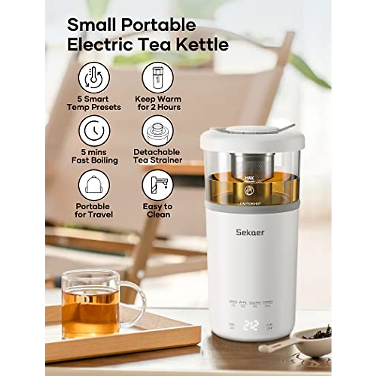 Sekaer Travel Electric Tea Kettle, Portable Small Mini Hot Glass Teapot Maker with Infuser, 350ML&400W Fast Heat Personal Water Boiler, BPA-Free White