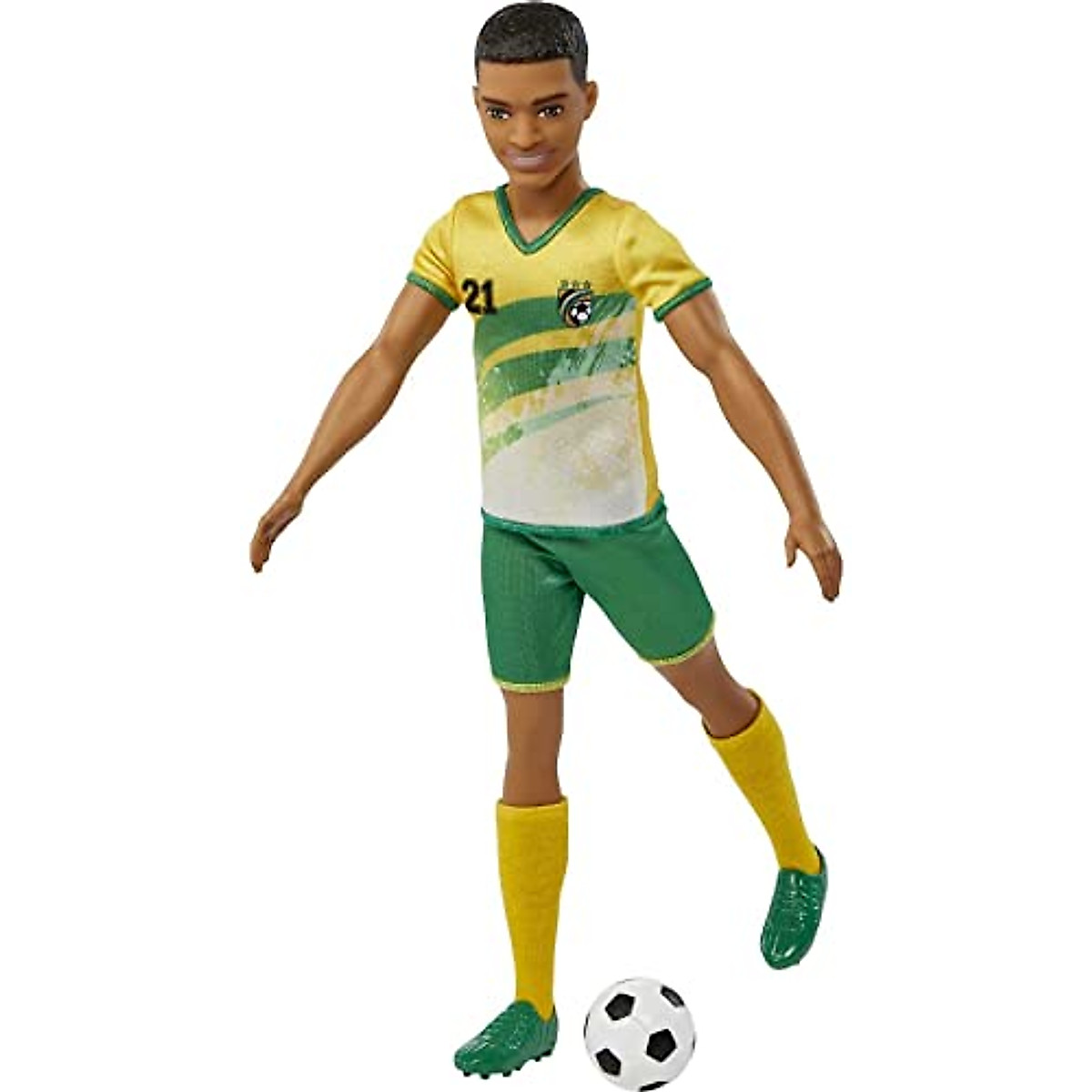 Barbie Soccer Ken Doll with Short Cropped Hair, Colorful #21 Uniform, Cleats, & Tall Socks, Soccer Ball 11.5 inches