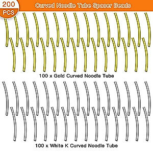 200Pcs Curved Noodle Tube Spacer Beads Tarnish Resistant Noodles Beads Brass Tube Beads Long Curved Tube DIY Jewelry Making(Gold,White K)