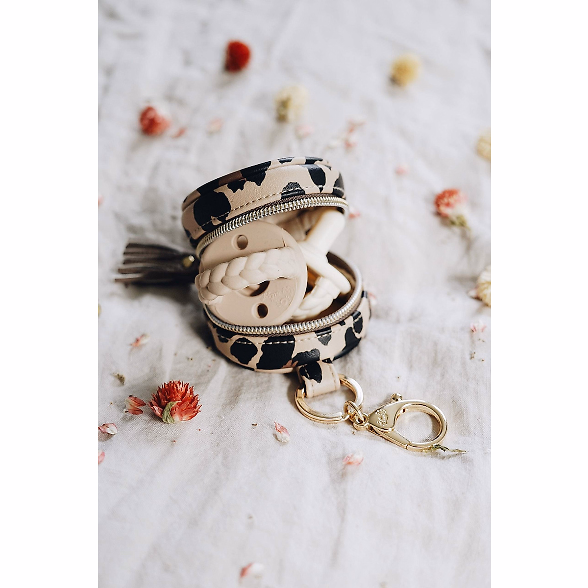 Itzy Ritzy Pacifier Holder Case with Clip - Pacifier Case Includes Clasp to Easily Attach to a Diaper Bag or Purse, Measures 2.5" in Diameter and Holds 2 Pacifiers (Leopard)