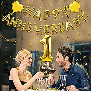 Yoaokiy 1 Year Anniversary Balloon Decorations, Happy 1st Anniversary Party Supplies - Gold Glitter 1 Year Anniversary Balloon Banner with 2 Heart Foil, 1st Wedding Anniversary Supplies Decorations