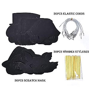 OuMuaMua 30PCS Halloween Rainbow Scratch Mask Art Craft Kit, Bat Witch Pumpkin Zombie Pirate Skull Scratch Paper Art Mask for Halloween Party Crafts Classroom Decorations