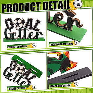 Suzile 6 Pcs Soccer Ball Table Wooden Decorations Green Black Table Centerpiece Sign Soccer Football Theme Party Detachable Tabletop Decor Photo Props for Boys Kids Birthday Party Supplies
