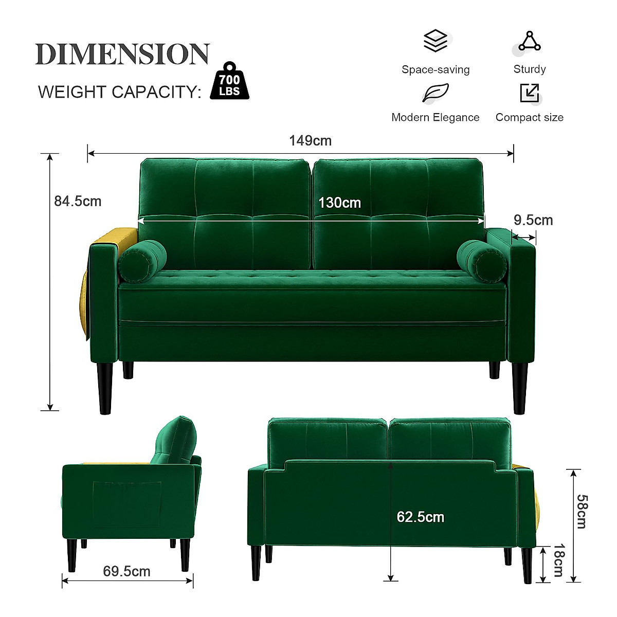 FURNIMAT 58 Inch Green Loveseat Sofa, 2 Seater Sofa for Small Space, Button Tufted Velvet Couch with 2 Pillows, Mid Century Modern Couch, Small Couches for Living Room, Bedroom, Apartment