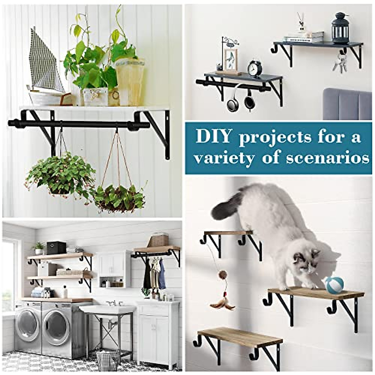 Closet Rod Bracket, Shelf Bracket for DIY Floating Shelf, Heavy Duty L Corner Brace with Rod Hook, Wall Mounted Black Metal Utensil Holder Pot Hangers for Kitchen, Bathroom