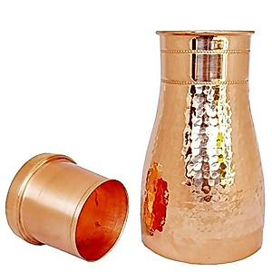 Pure Copper Hammered Design Pitchers And Bedside Carafes With Tumbler Water Bottle Storage With Lid