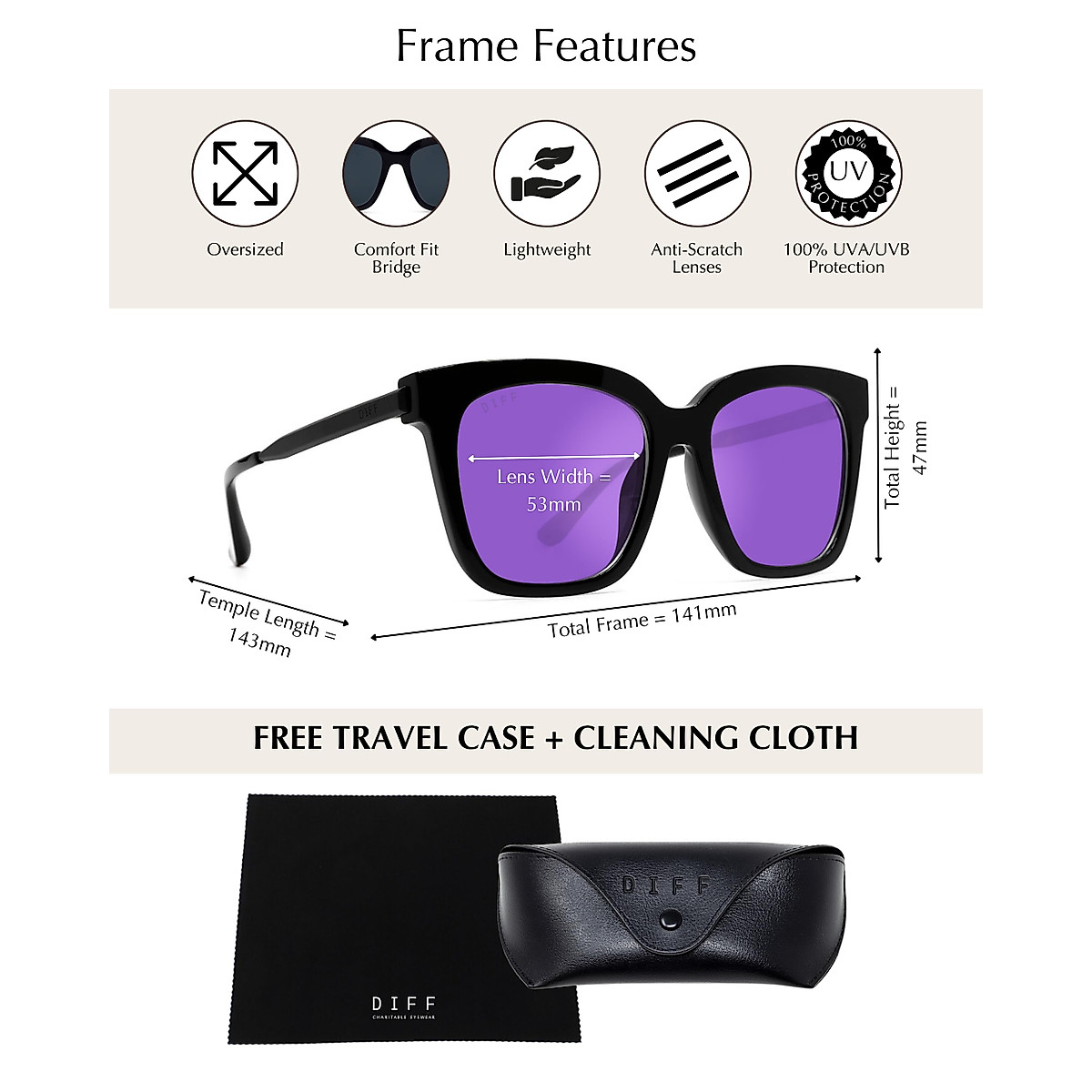 DIFF Bella Designer Oversized Square Sunglasses for Women UV400 Protection, Black + Purple Mirror