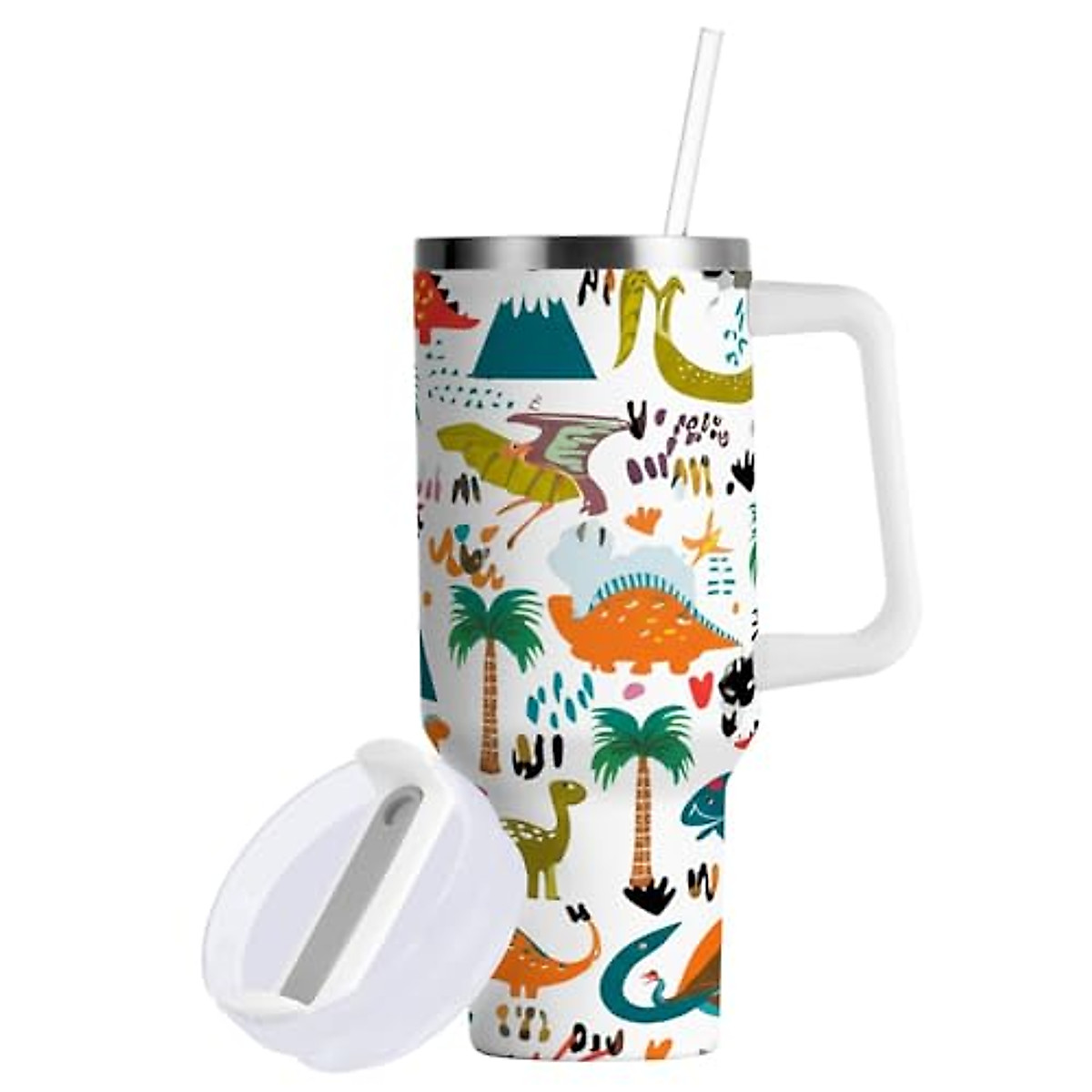 RPLIFE Cute Colorful Dinosaurs 40oz Tumbler with Handle, Stainless Steel Tumbler with Straw, Coffee Tumbler for Women